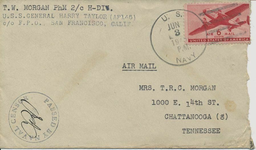 Navy Letter from T.W. Morgan on the USS General Harry Taylor Passed by ...