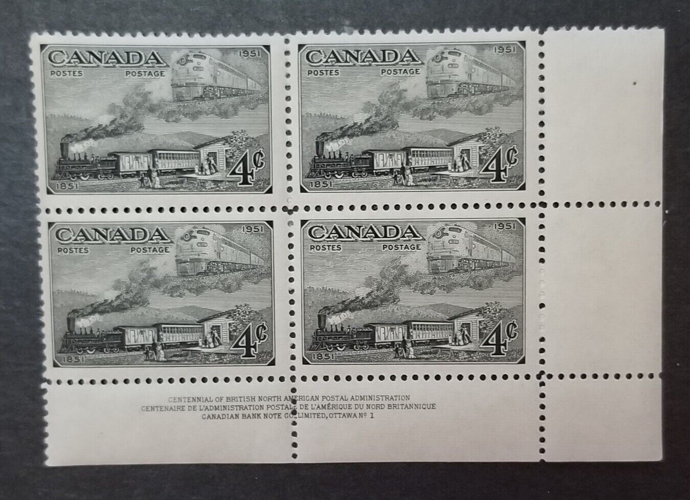 Canada-1951-Plate Block of 4 Four Cent Train Railroad MNH OG Unused ...