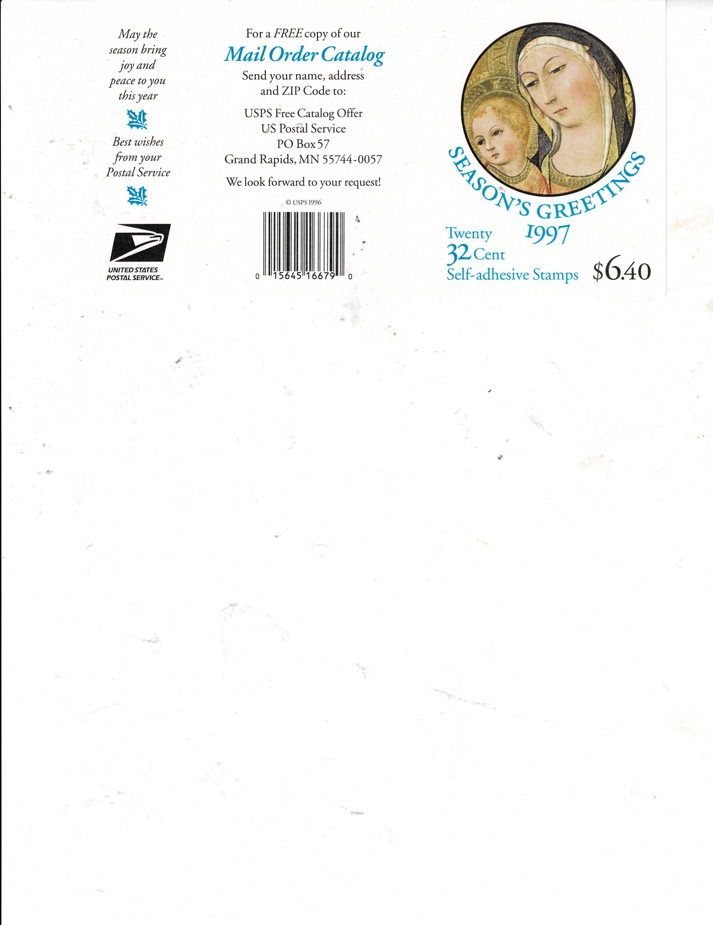 Christmas Madonna & Child 1997 32c US Postage Booklet #3176a VF MNH ...