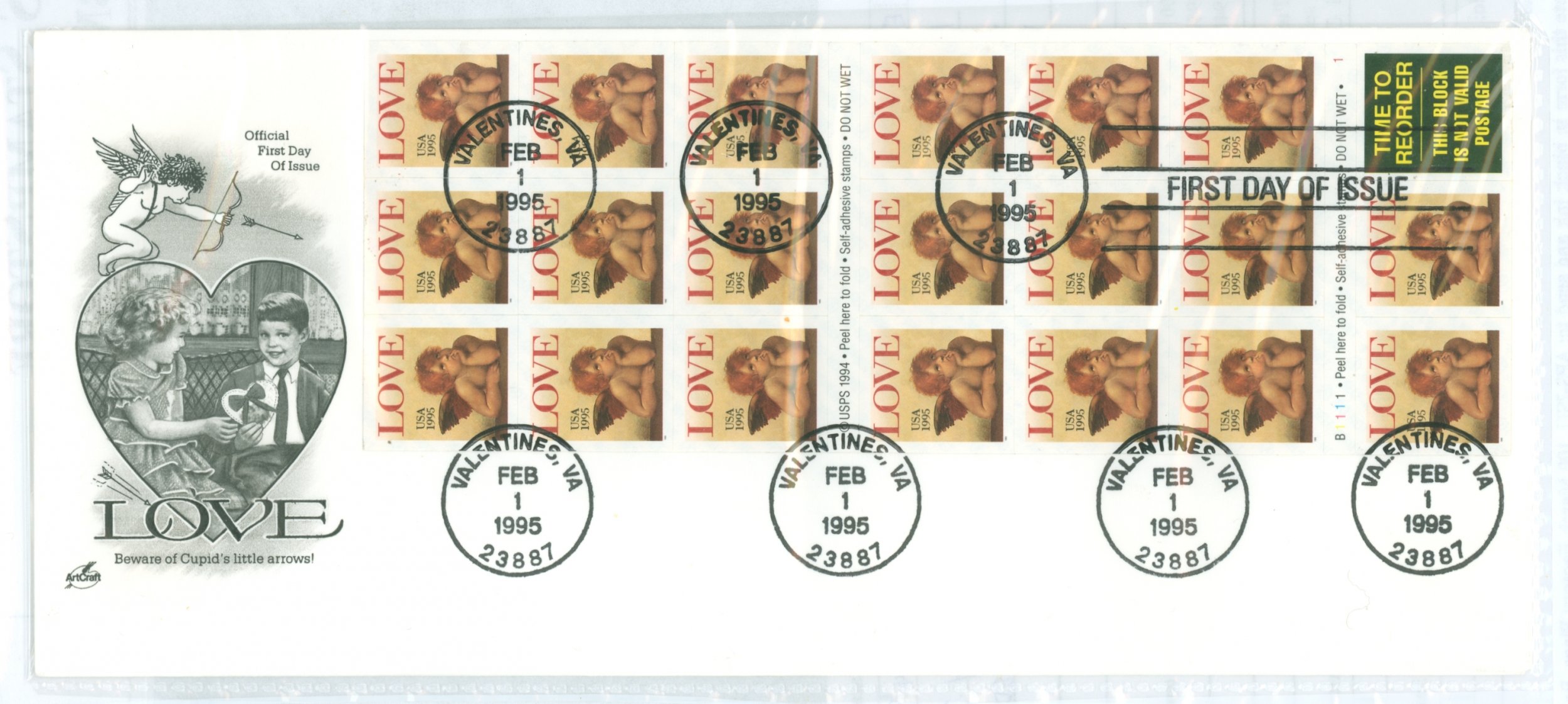 US 2949a 1995 non-denom. 32c love cherub by raphael, art, booklet pane ...