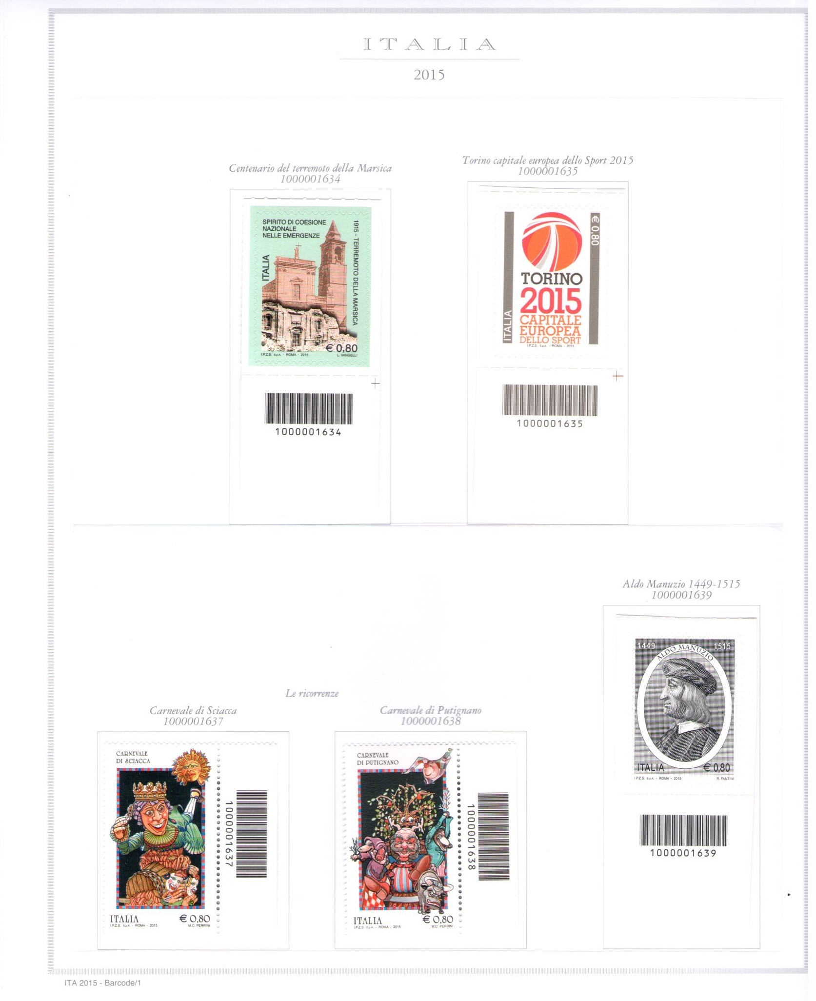 2015 Italian Republic Barcodes Year Set 78 values + 2 Sheets (Expo ...