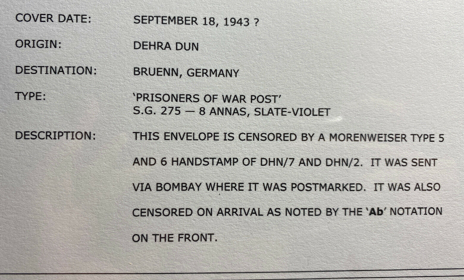 1943 Dehra Dun India POW Internment Camp Censored Cover to Bruenn ...