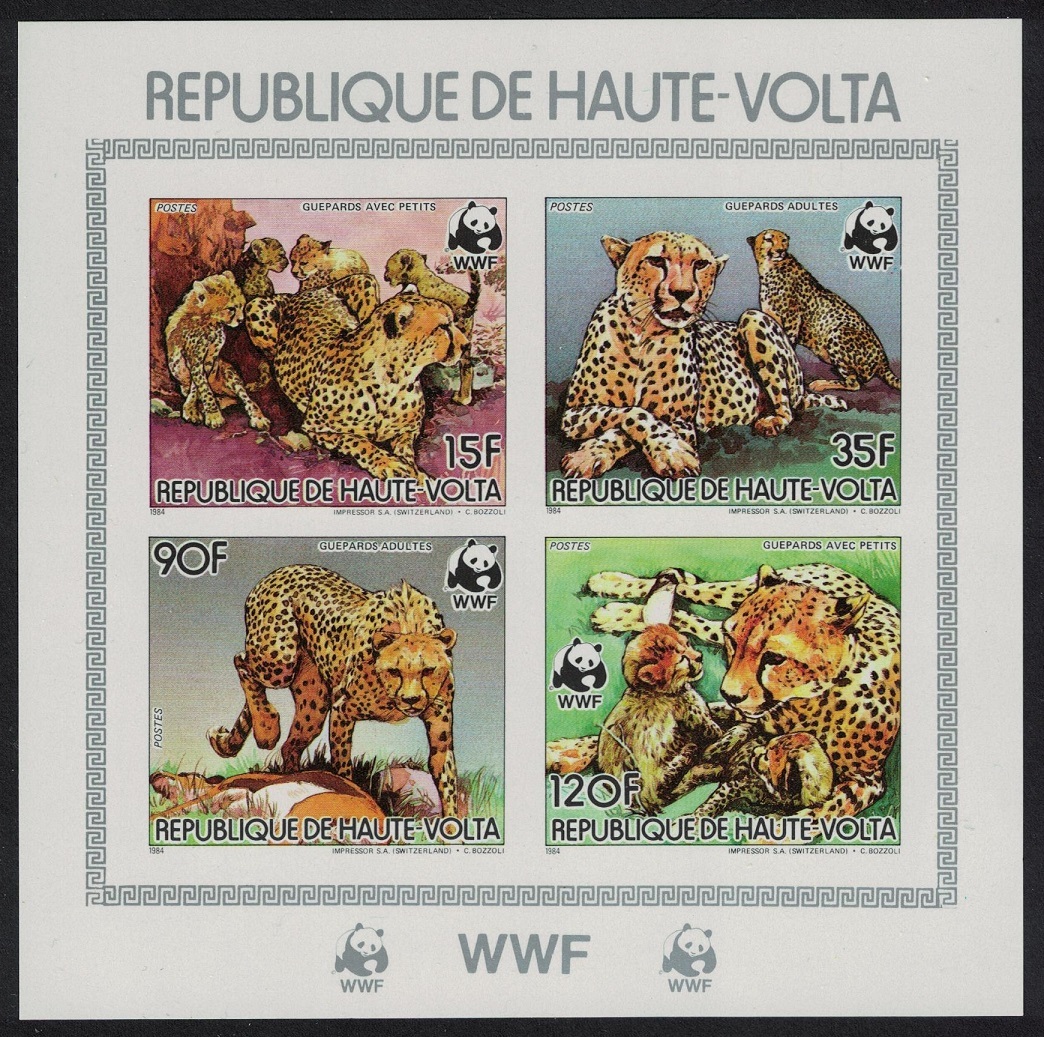 Upper Volta WWF Cheetah Souvenir Sheet imperf 1984 MNH SC#654-657 ...