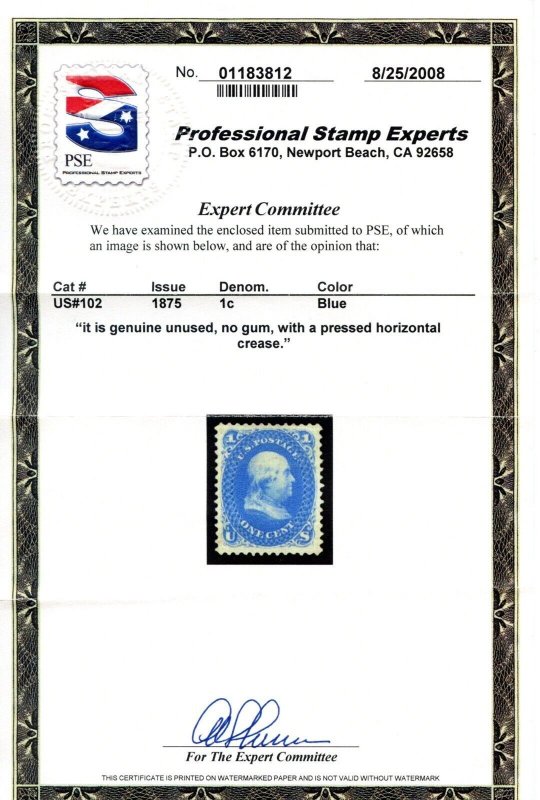 US Scott #102 Mint-Xf-Superb-No GUM W/ PSE PF Certs "Light Crease" (4/9 ...