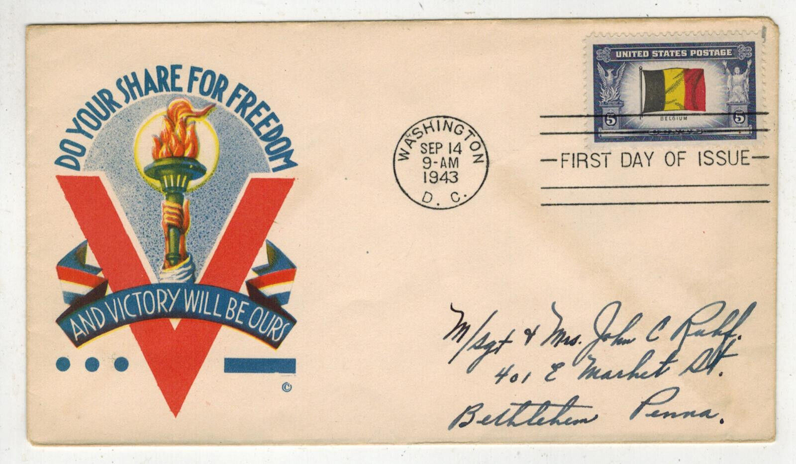 1943 Overrun Countries Patriotic FDC Staehle 914 Belgium Victory Will ...