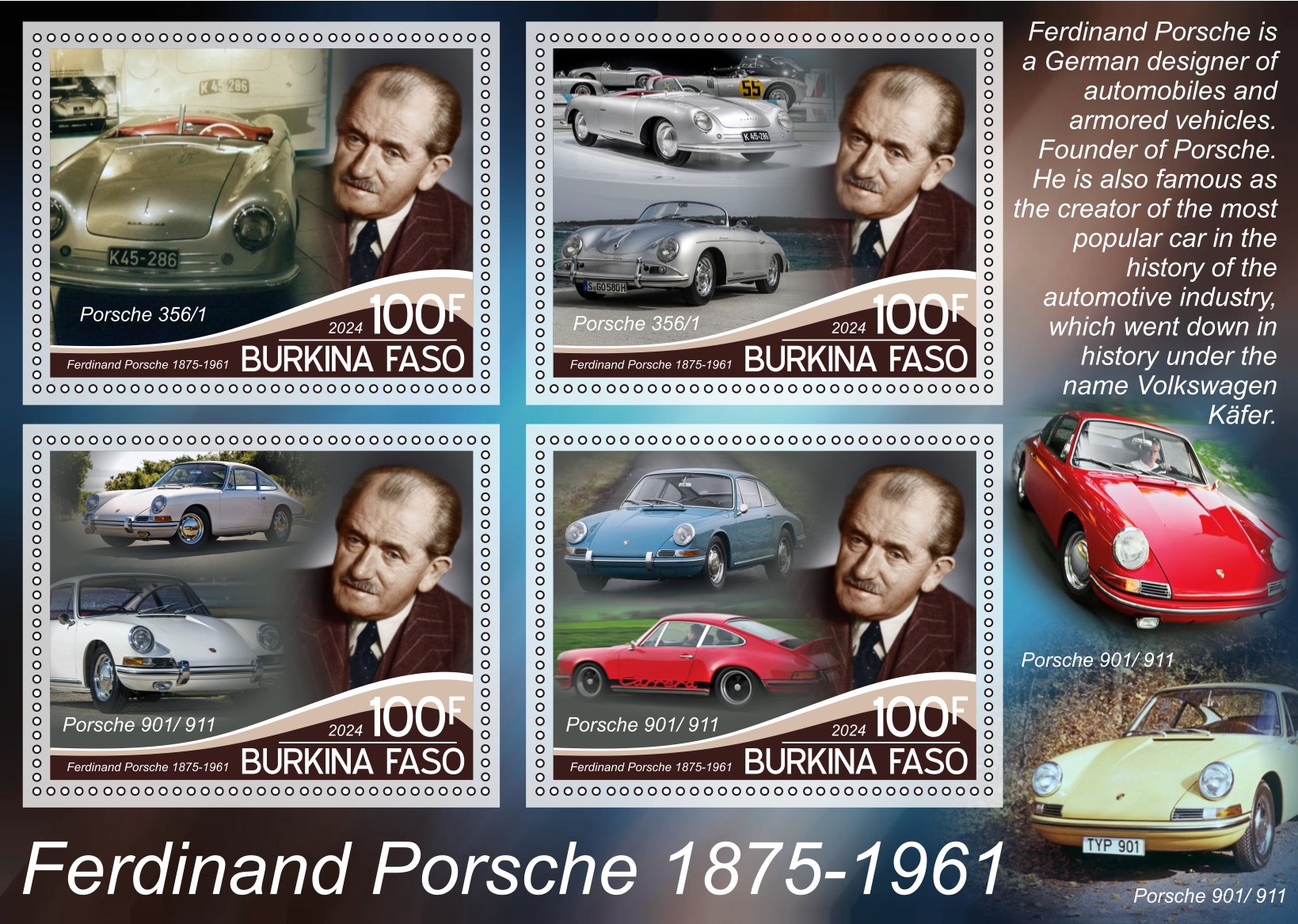Stamps.Cars Ferdinand Porsche 2023 year 1+1 sheets perforated | Africa ...