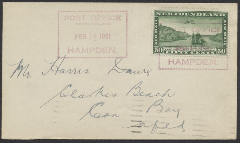 1931 Newfoundland Flight Cover Hampden to St John's #C7 50c Airmail NNF ...