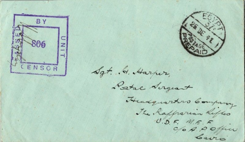 Egypt Soldier's Free Mail 1941 Egypt 37, Postage Prepaid South African ...