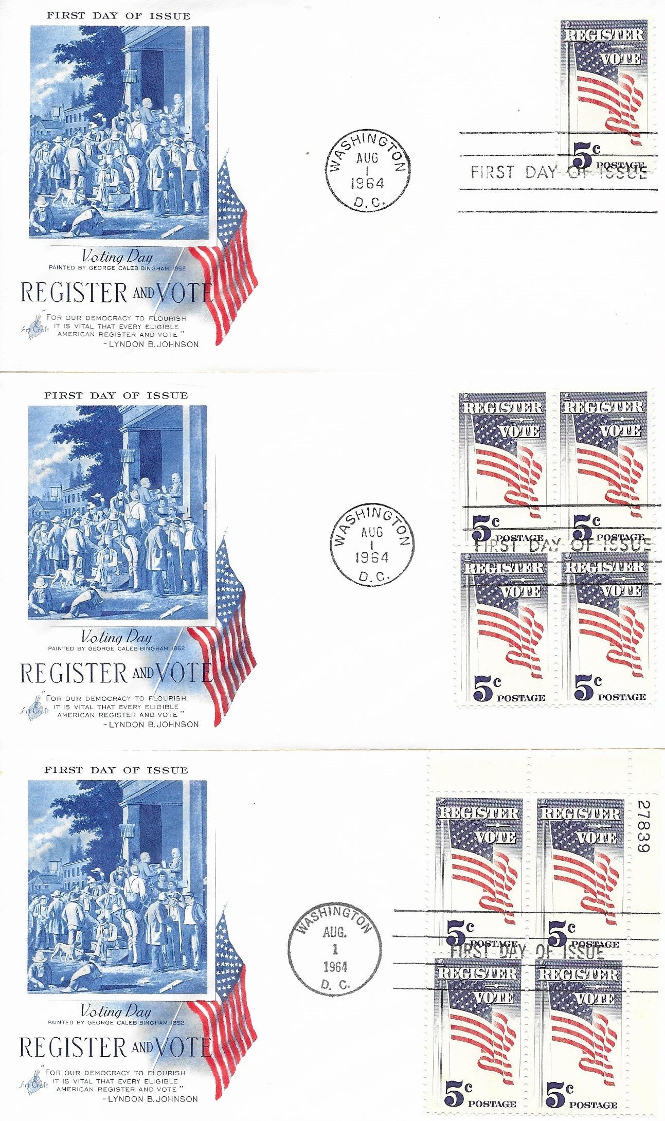 1964 FDC, #1249, 5c Register and Vote, Art Craft - sgl/B4/PB4 | United ...