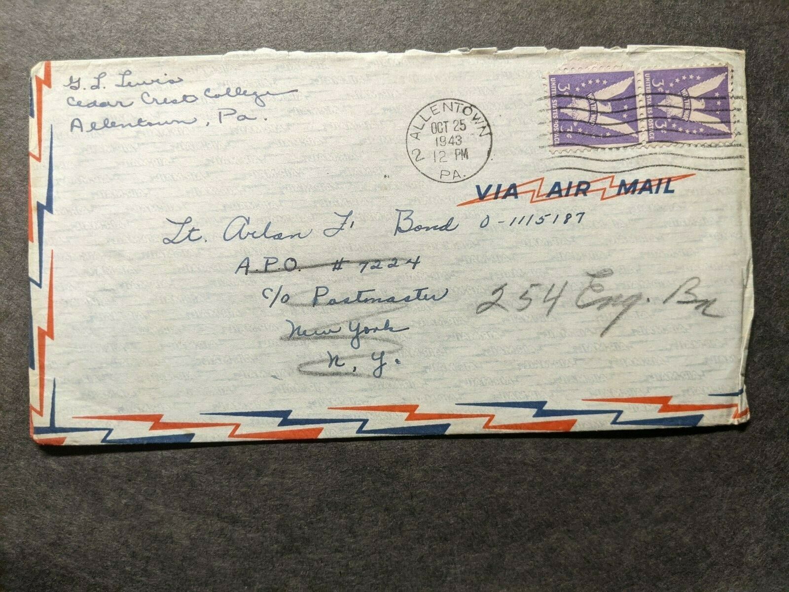 APO 7224 WWII 1943 Army Cover 254th ENGINEERING Bn w/ letter | United ...
