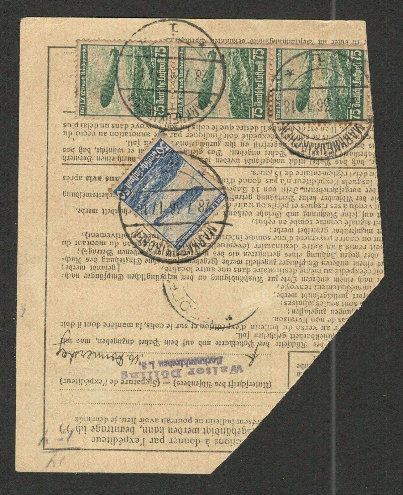 Germany to Yugoslavia - Part of Parcel Card WIT Multiple Zeppelin ...