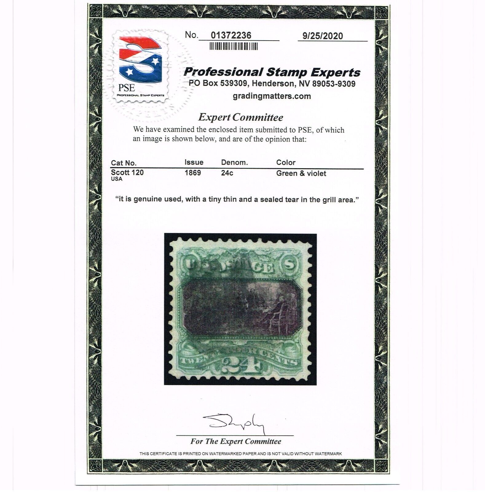 Genuine Scott #120 F-Vf Used 1869 PSE Cert Nbnc Printing Clear G-Grill ...