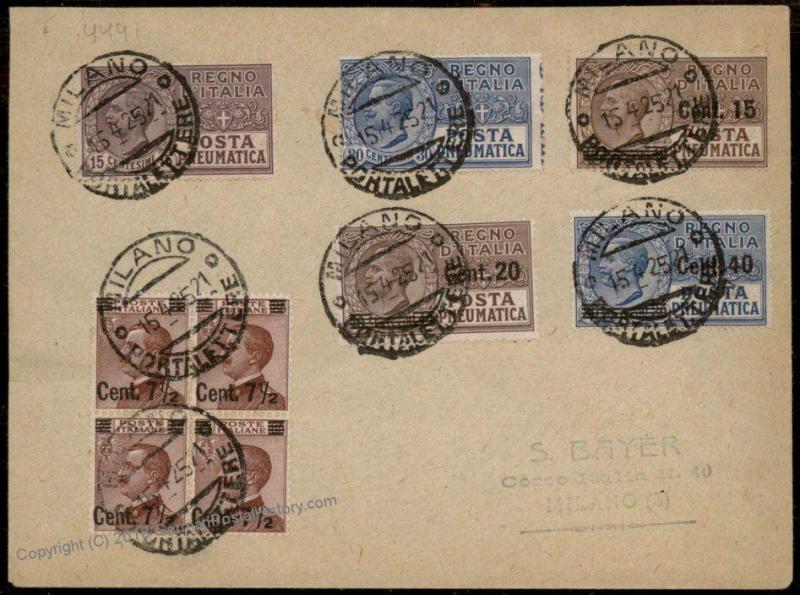 Italy 1925 Posta Pneumatica Rohrpost Pneumatic Mail Stamps On Milano ...
