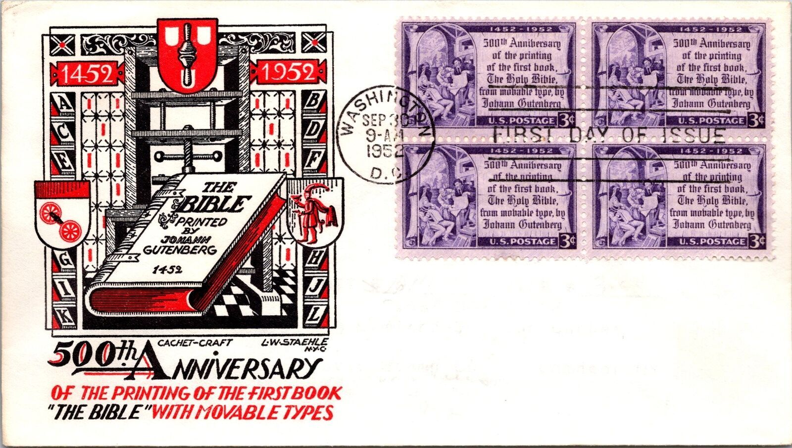 FDC 1952 - 500th Anniversary of Printing the Bible - Washington, DC ...