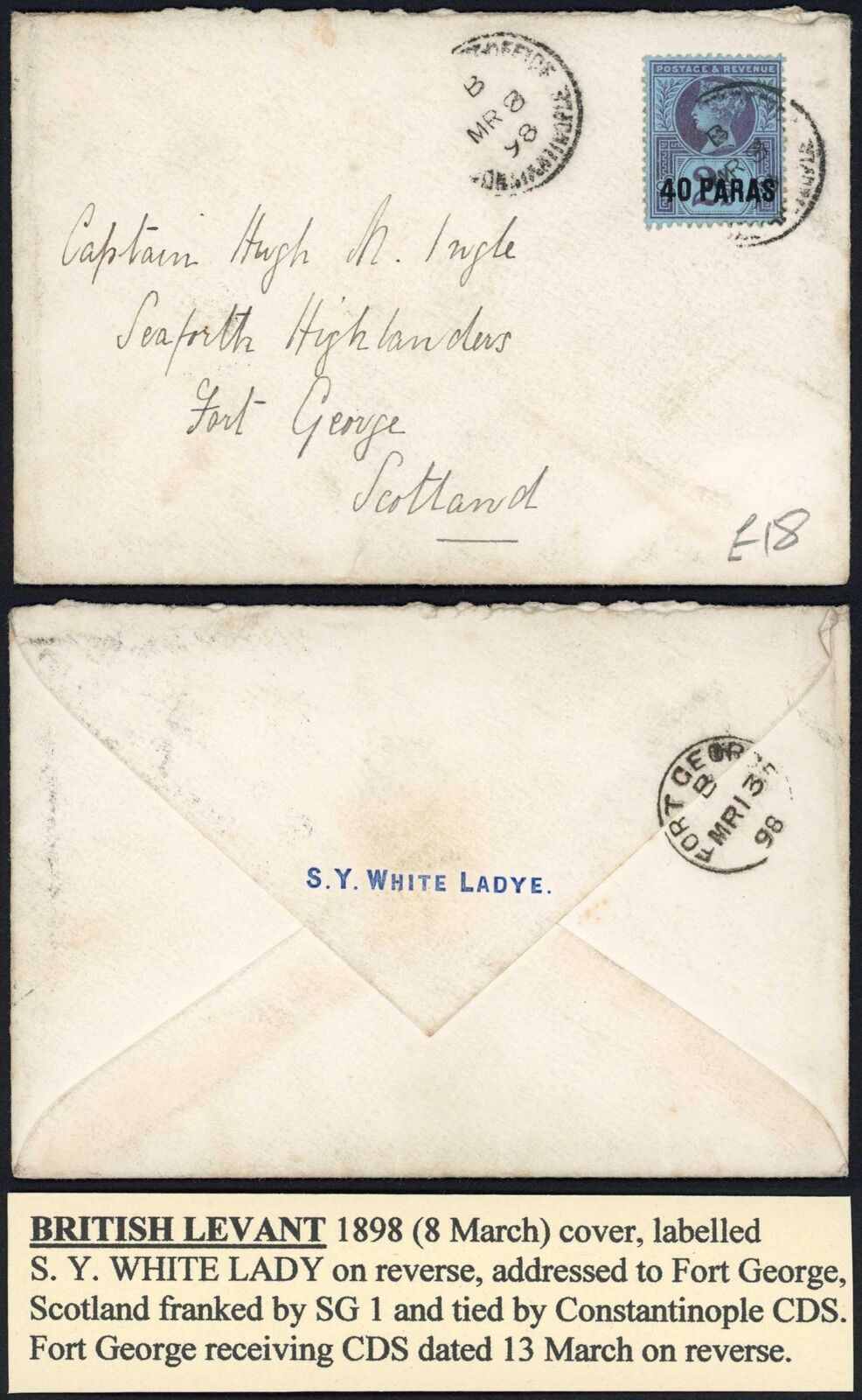 British Levant SG1 on cover labelled S Y White Lady | Worldwide - Other ...
