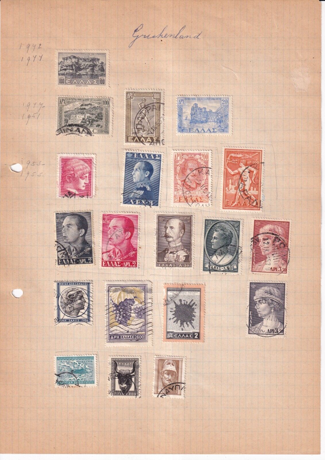 SA29d Greece 1940's - 1970's section, used stamps hinged on paper ...