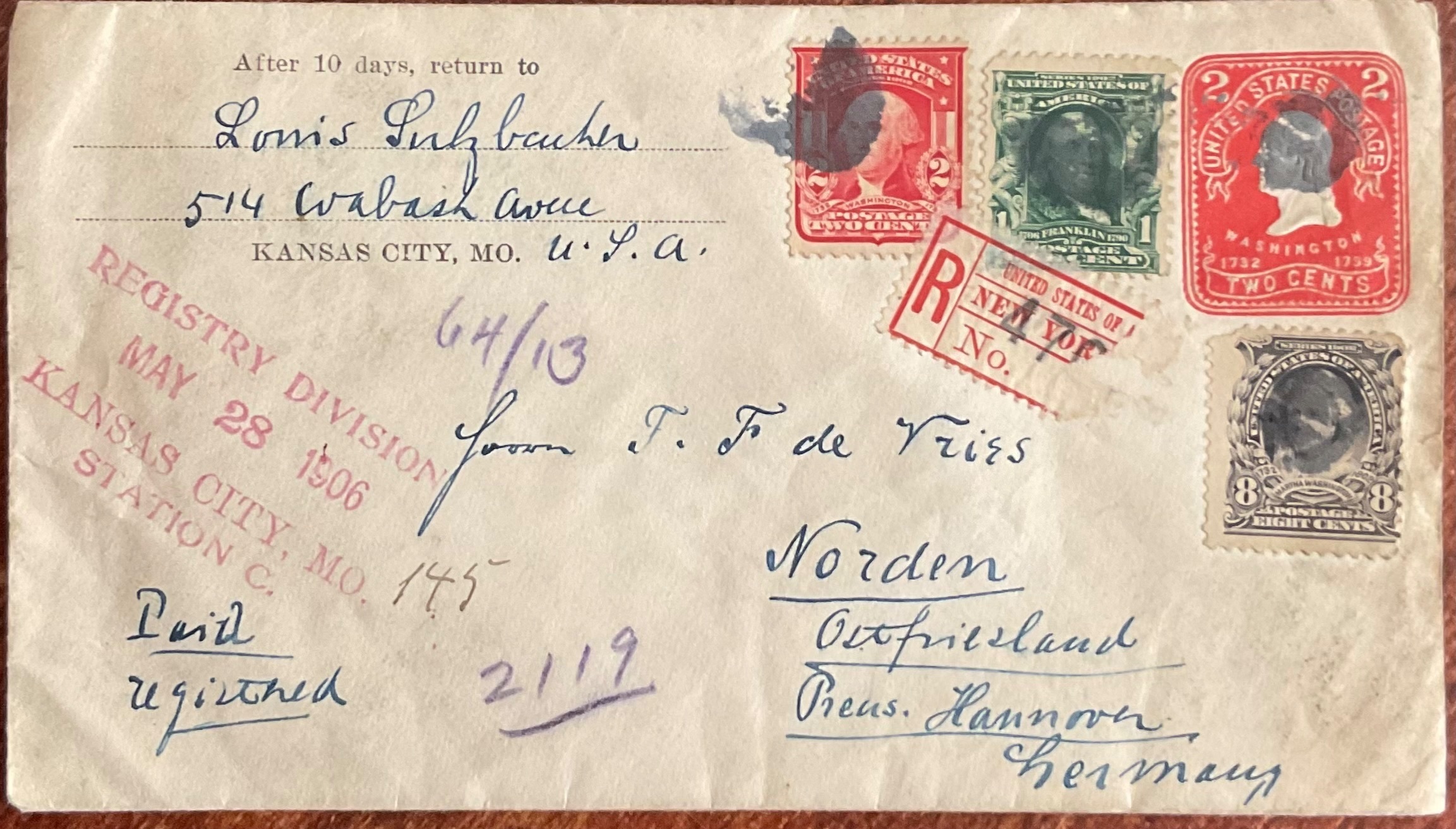 US #300/306/318/U385 Registered Cover Kansas MO to Germany 5/31/1906 LB ...