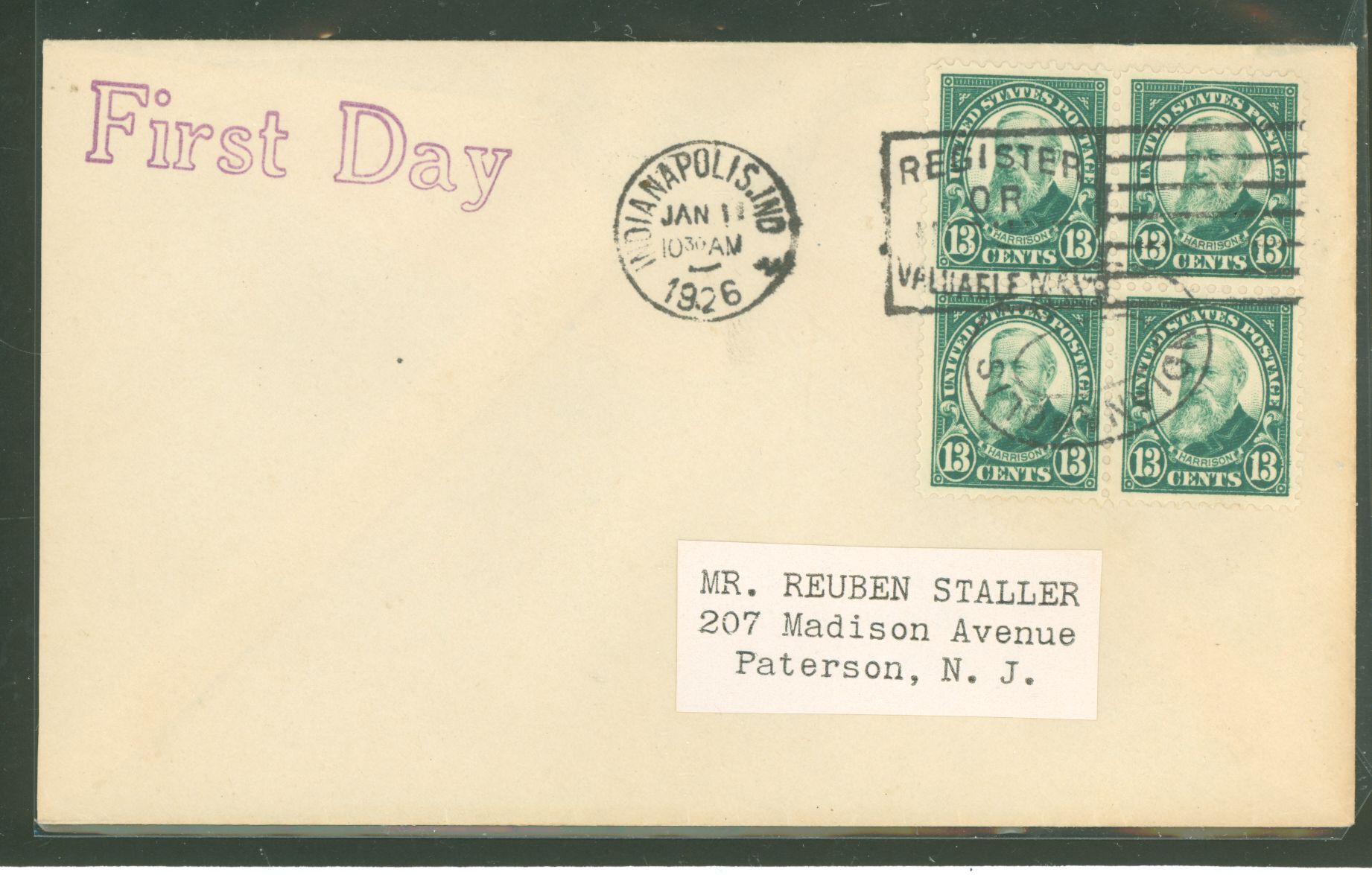 US 622 1926 13c Harrison (Fourth Bureau) block of four on an addressed ...