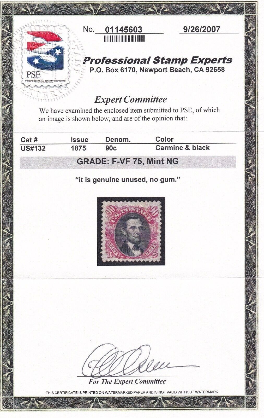 132 VF unused w/PSE cert ( mint no gum ) with nice color ! see pic ...