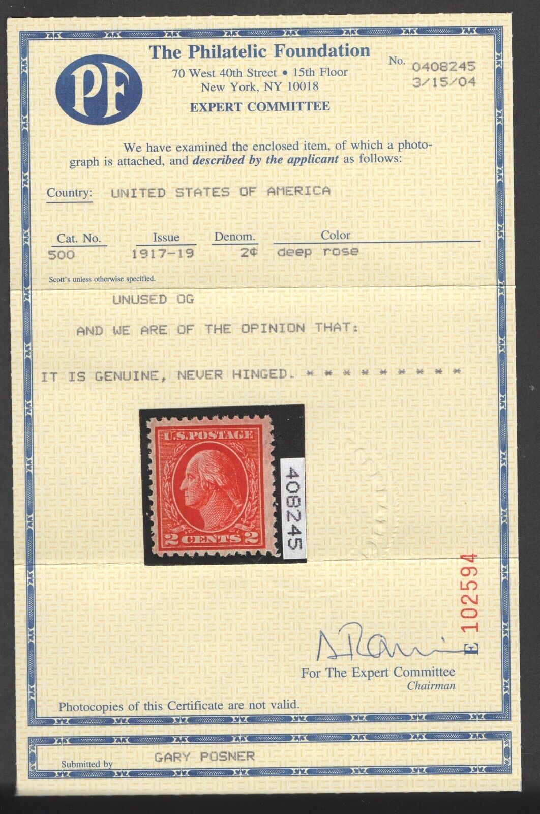 Scott #500 - Mint - F/VF, Ognh, W/PF Cert. (LB 7/10/23) | United States ...