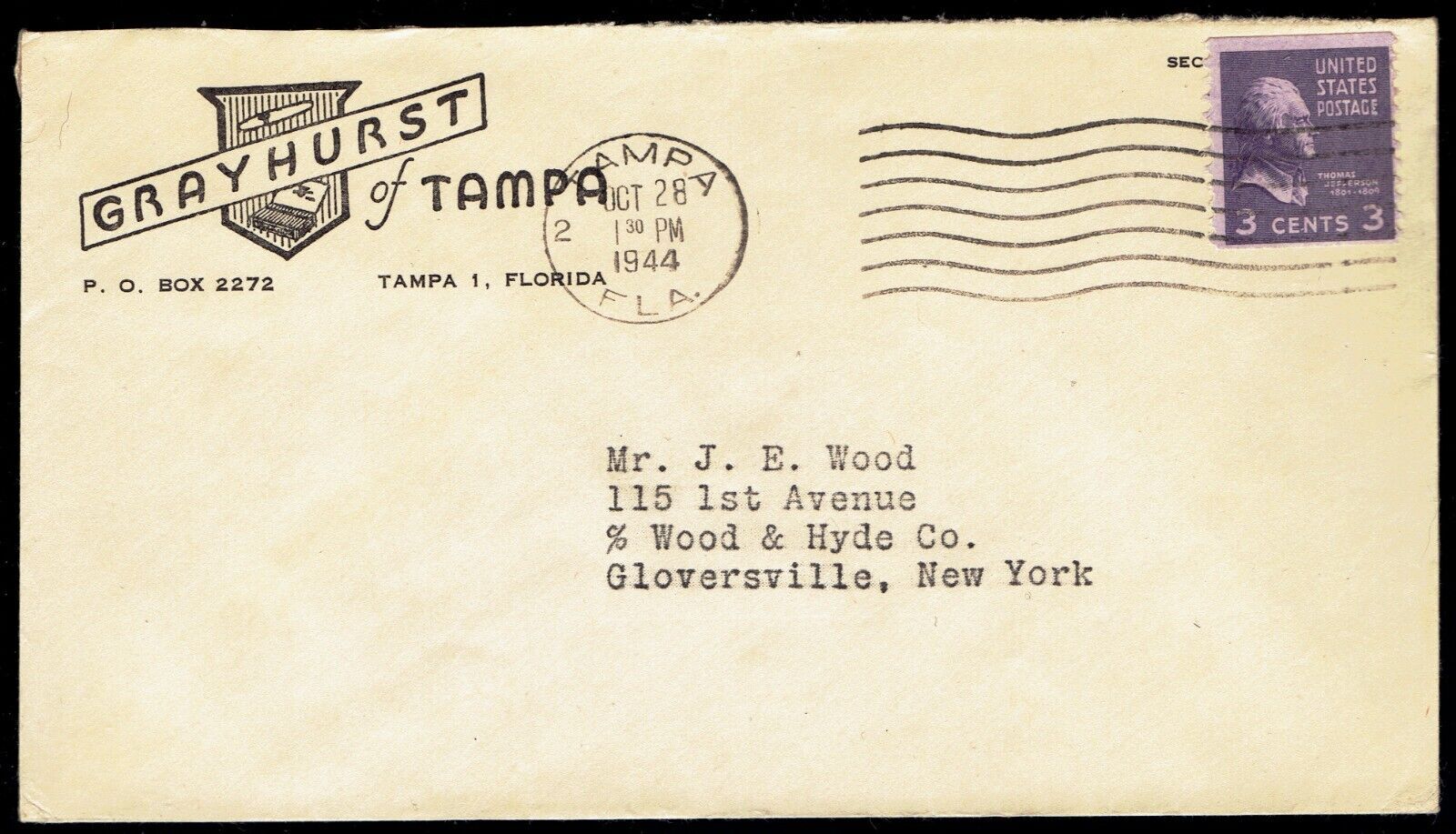 Tampa FL envelope Gray Hurst of Tampa Cigar Co. Oct 28 1944 split top ...
