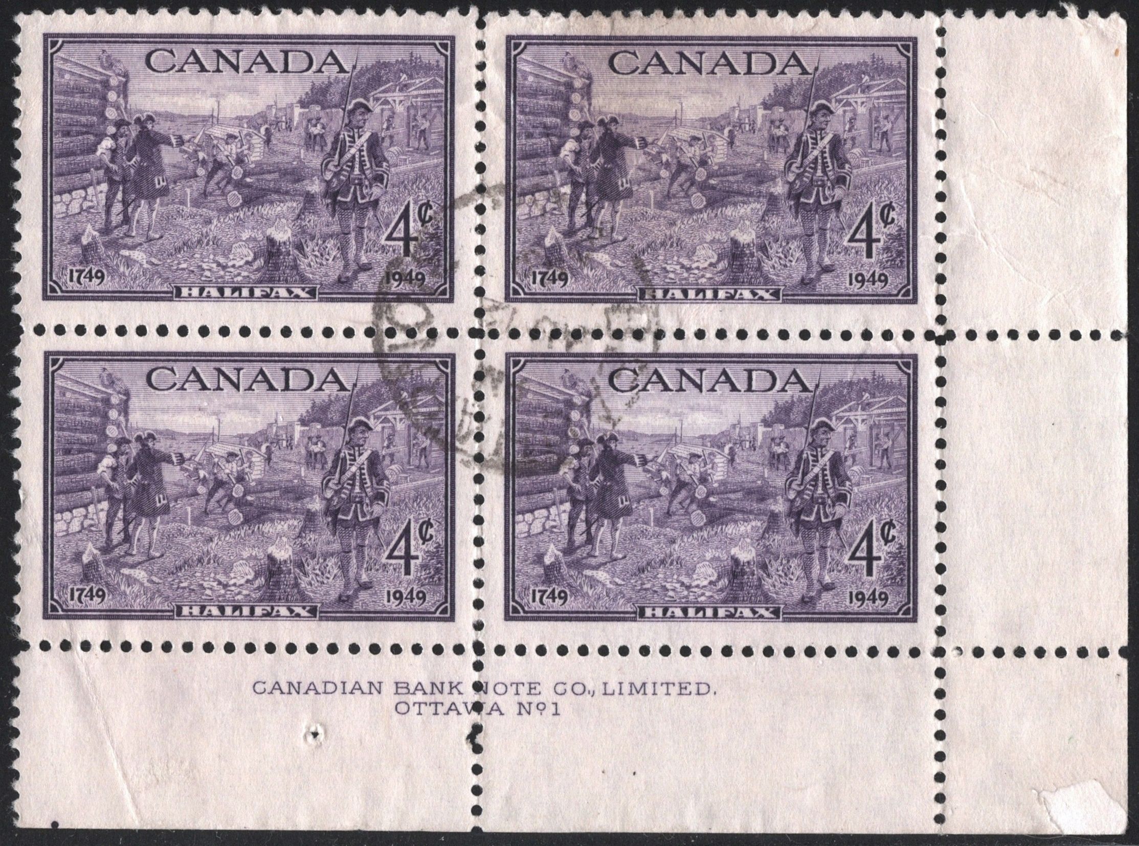 Canada SC#283 4¢ Bicentenary of Halifax, NS Plate Block: LR #1 (1949 ...