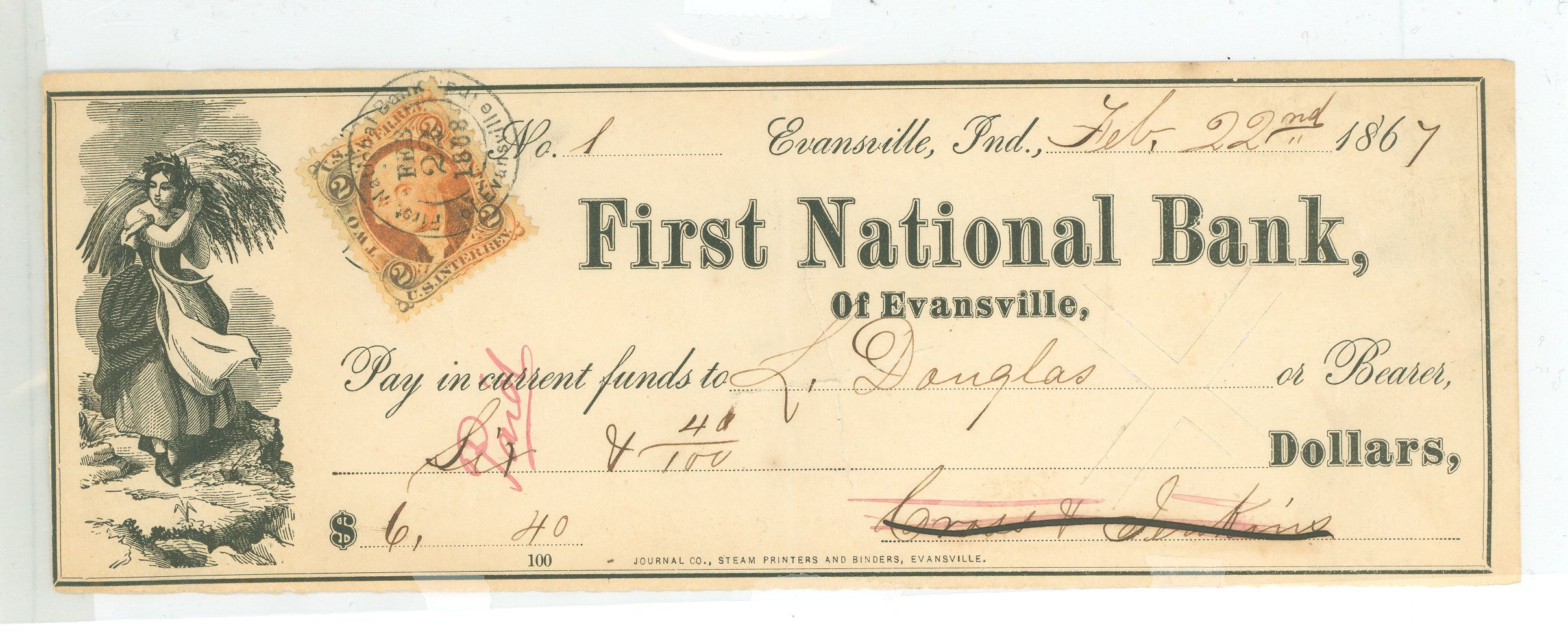 US R15c 1868 CDS tied to nice pictorial check from First National Bank ...