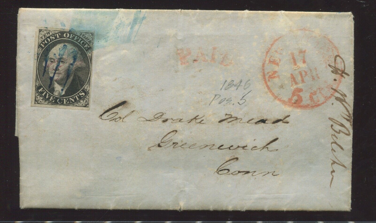 9X1 Washington Postmaster Provisional Used on Cover NYC to Greenwich CT ...