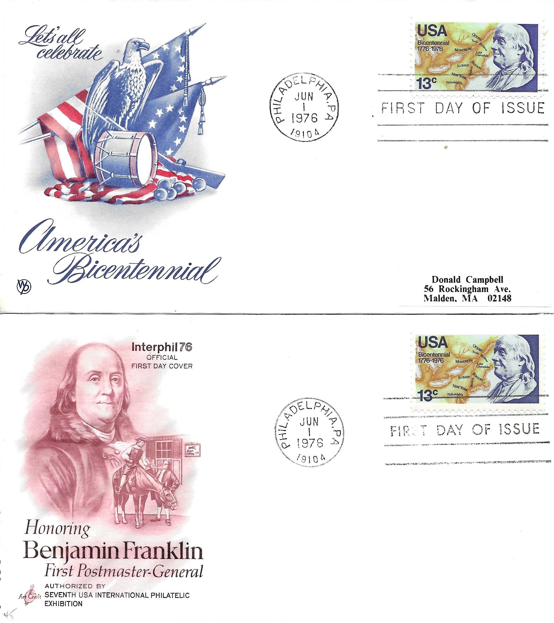 1975 FDC, #1690, 13c Benjamin Franklin, 2 diff. cachets | United States ...