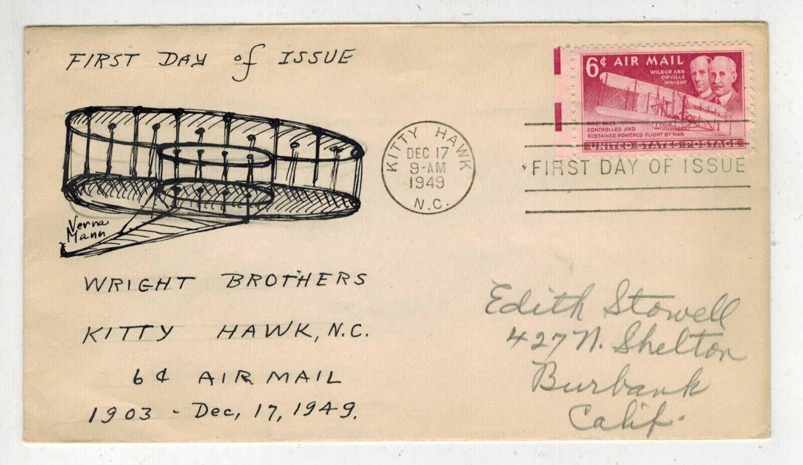 1949 Rare Verna Mann Handpainted C45 Wright Brothers Kitty Hawk North ...