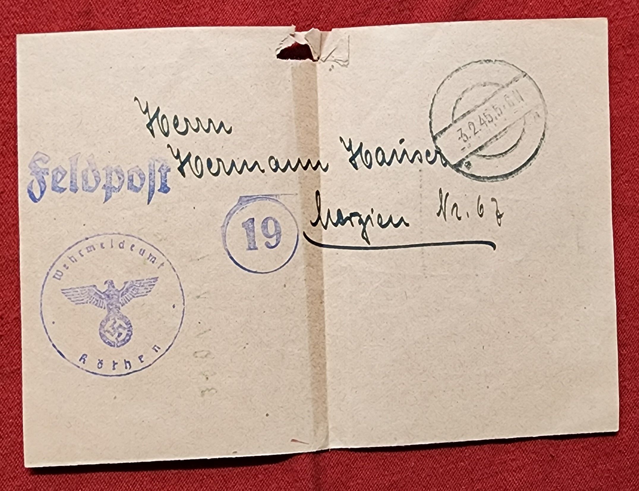 Nazi Germany Third Reich Feldpost cover w Wehrpass notice 1945 WW2 WWII ...