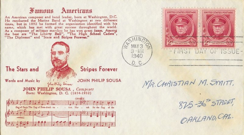 1940 FDC, #880, 2c John Philip Sousa, Crosby M-37K, pair | United ...