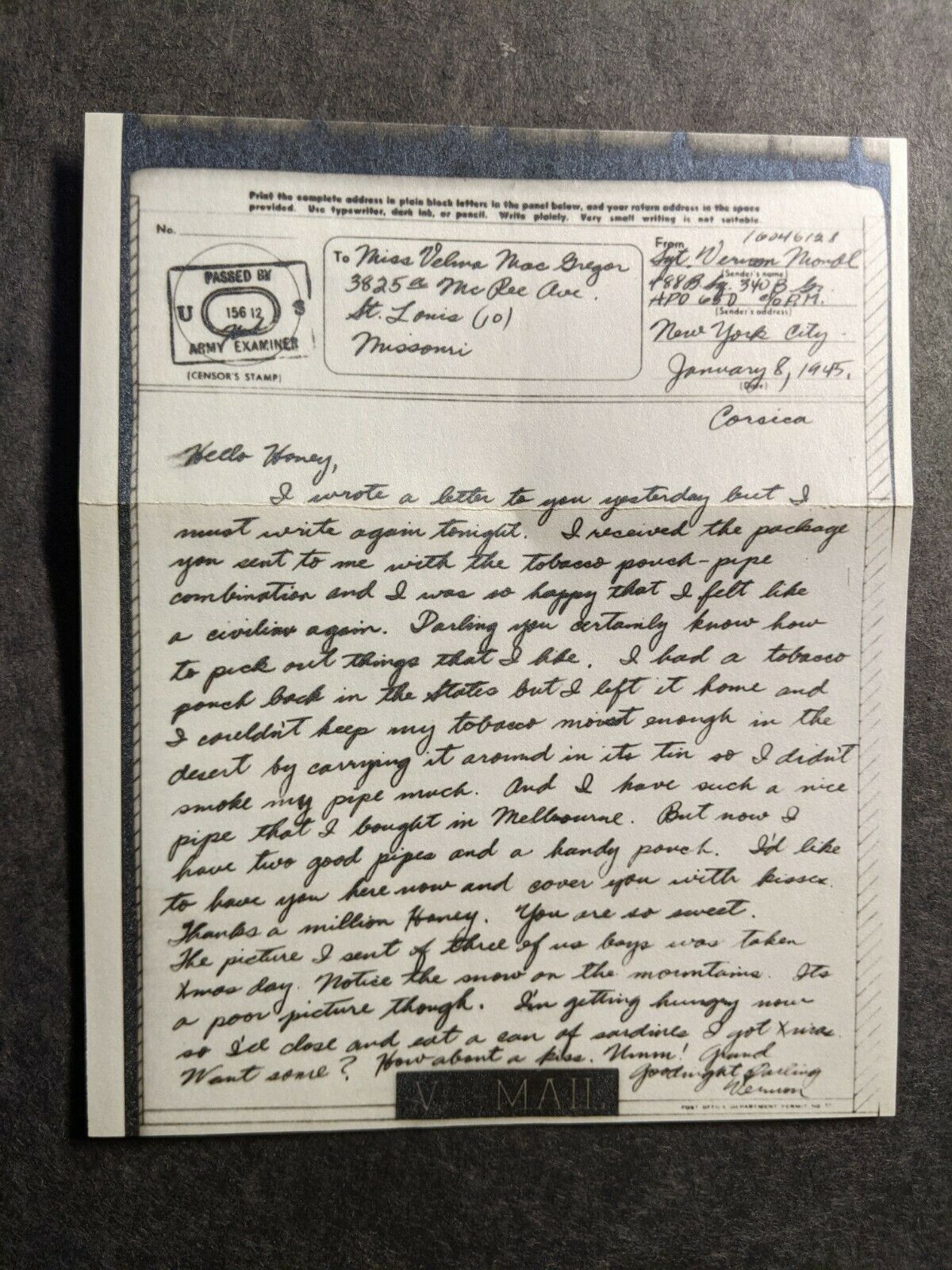 APO 650 CORSICA 1945 Censored WWII Army Cover 340th BOMB Group V-MAIL ...