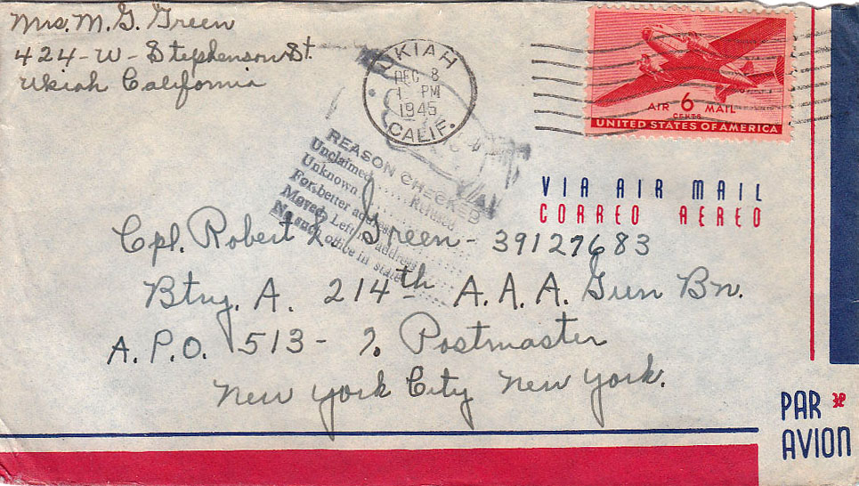 United States A.P.O.'s 6c Transport 1945 Ukiah, Calif. Concession ...