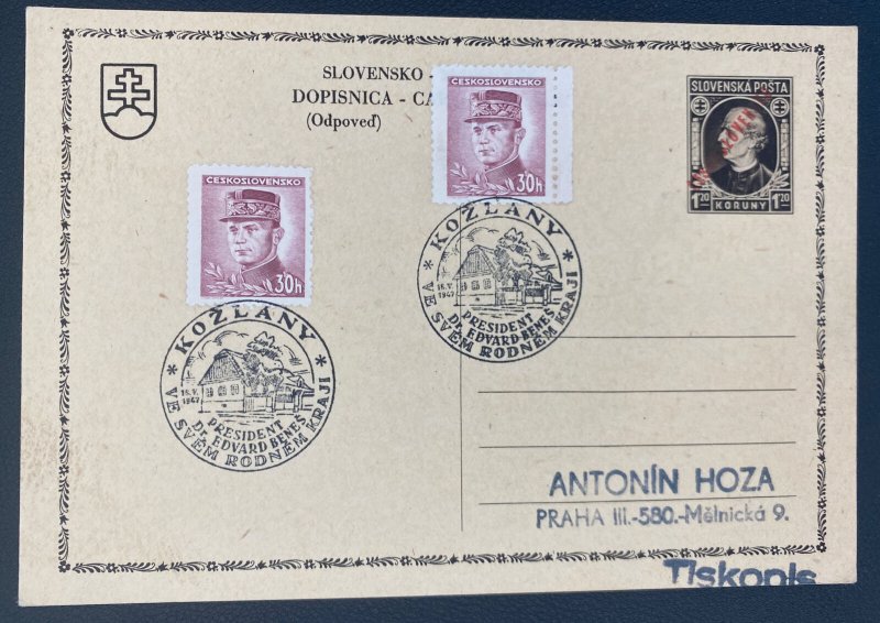 1947 Kozlany Czechoslovakia Postwar stationery Postcard Cover To ...