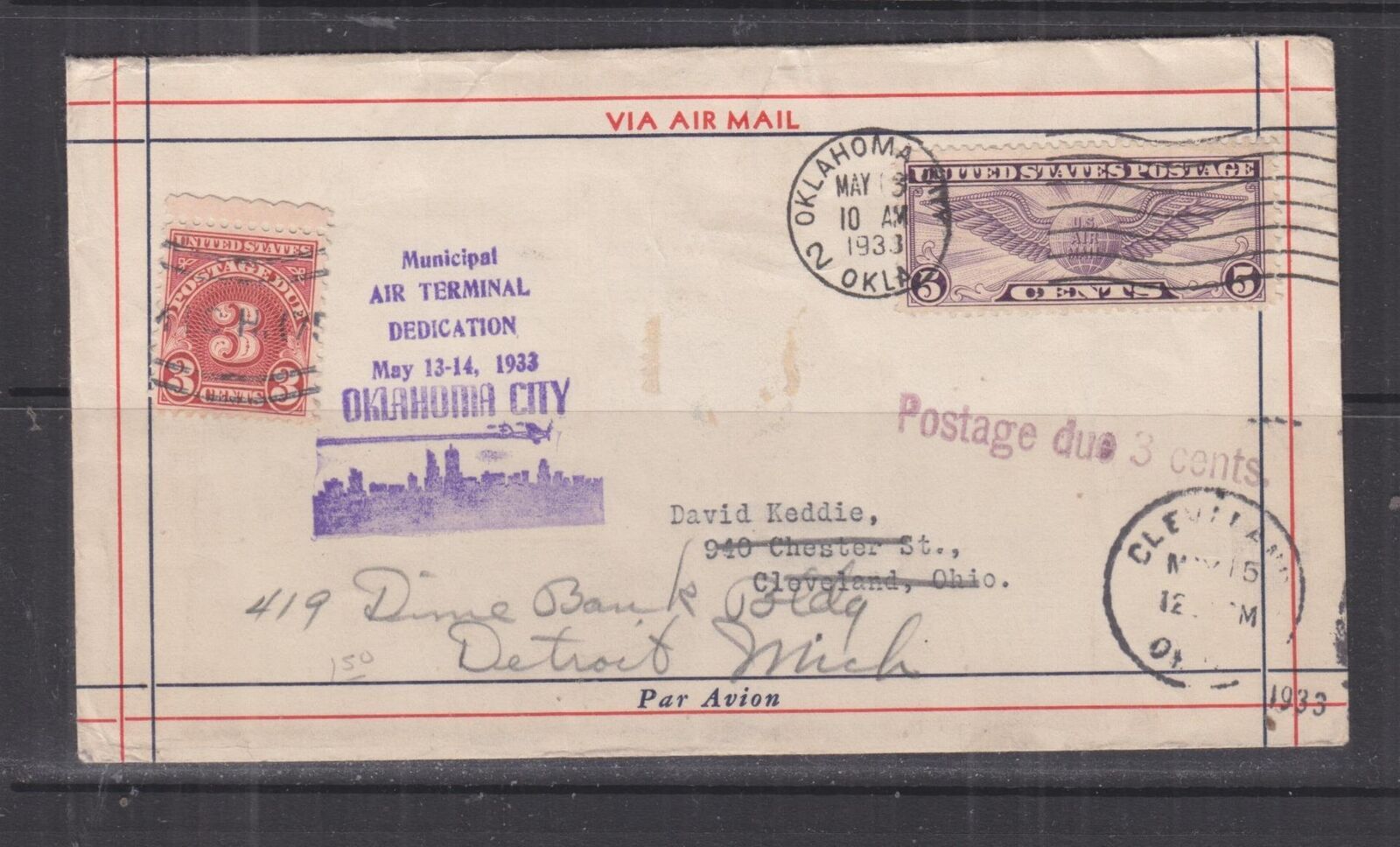 OKLAHOMA, OK, 1933 AIR TERMINAL DEDICATION cover, , readdressed ...