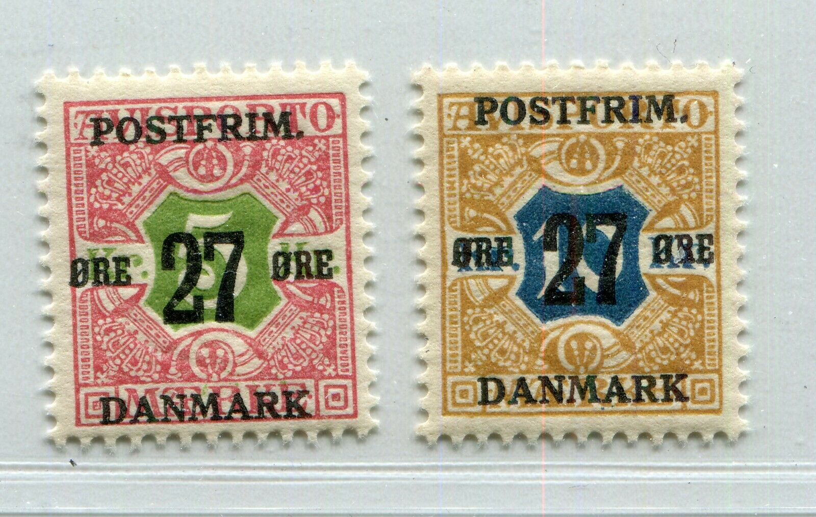 Denmark 1918 27 ORE Ovpt on High Values Scott 142-143 Facit 182-183 ...