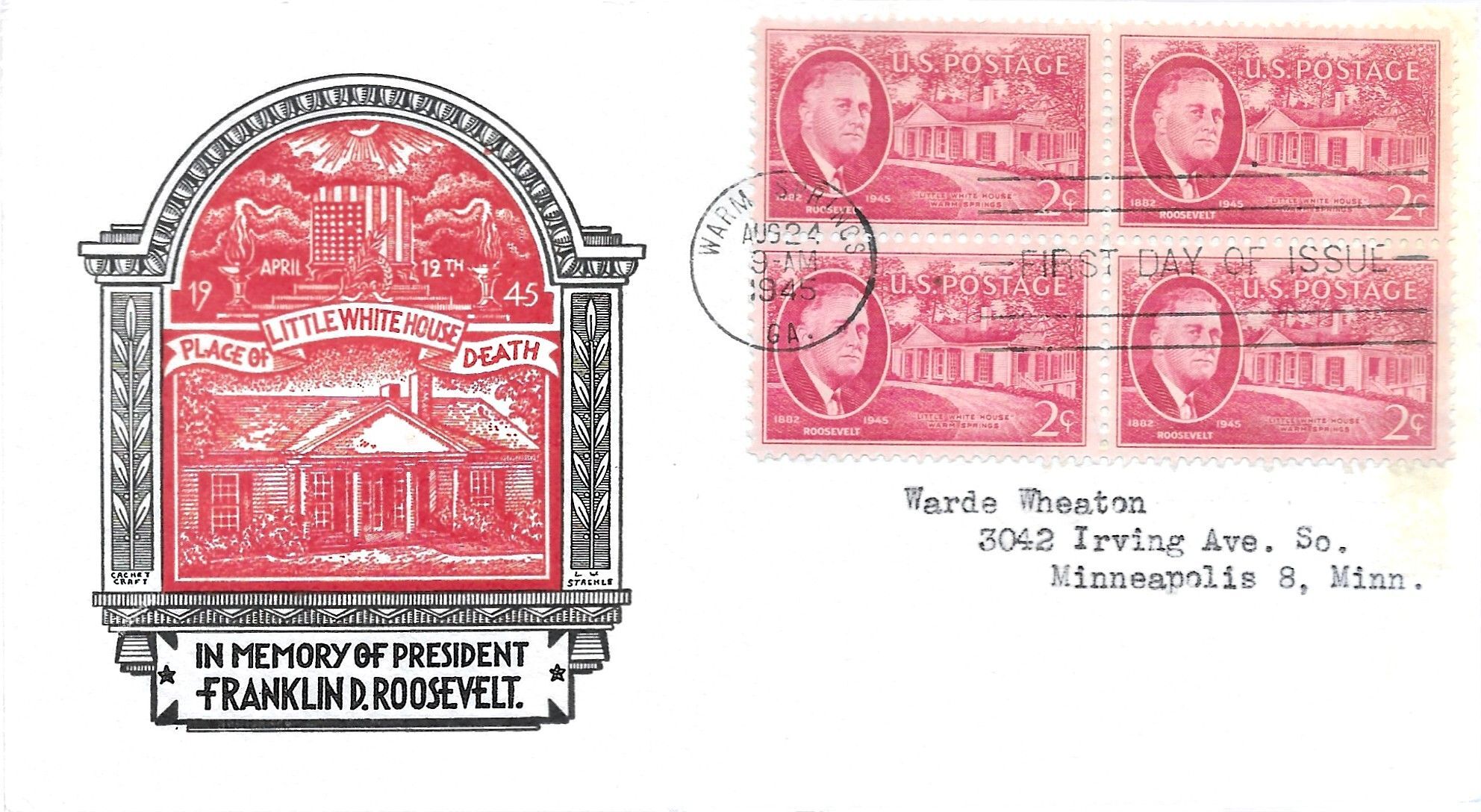 1945 FDC, #931, 2c Franklin D. Roosevelt, CC/Staehle, block of 4 ...
