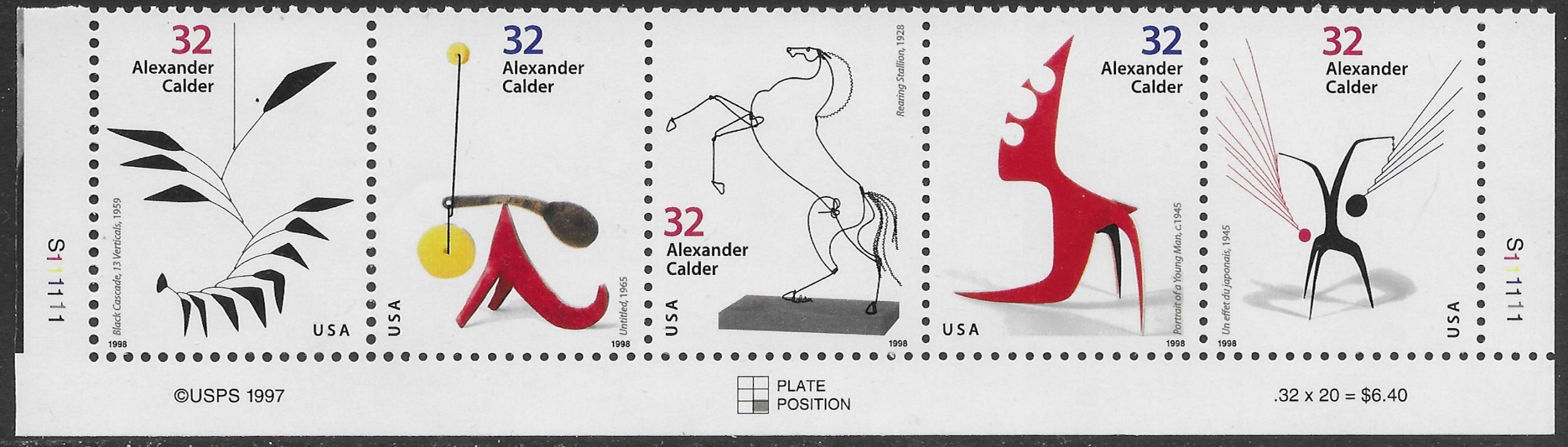 US #3198-3202 MNH Plat # strip of 5 with footer. Alexander Calder. Nice ...