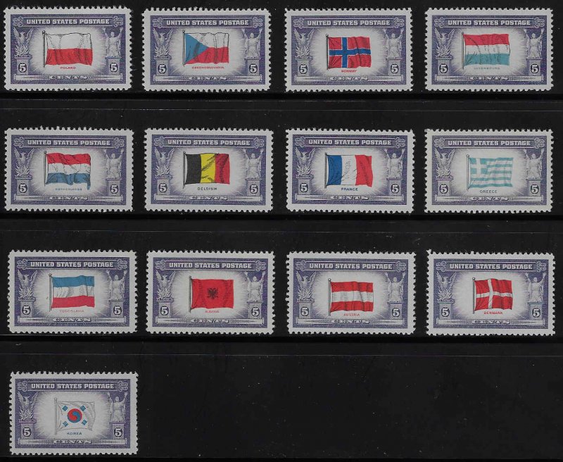 U.S. #909-21 MNH OG; Set of 13 Flags from Overrun Countries (1943-44 ...