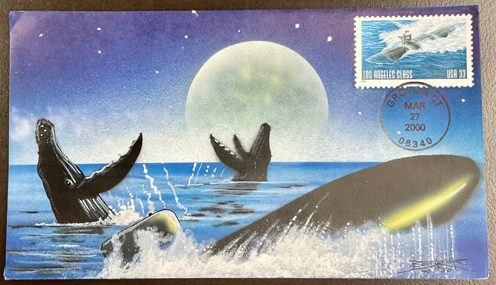 3372 Ron Beller Hand painted Cachet Submarine and Whales FDC Los ...