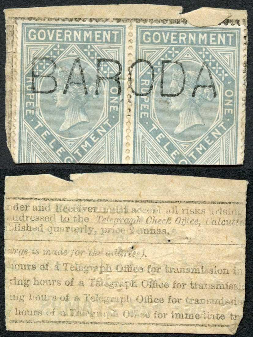 India Telegraph 1r pair with Baroda cancel | Asia - India, Stamp / HipStamp
