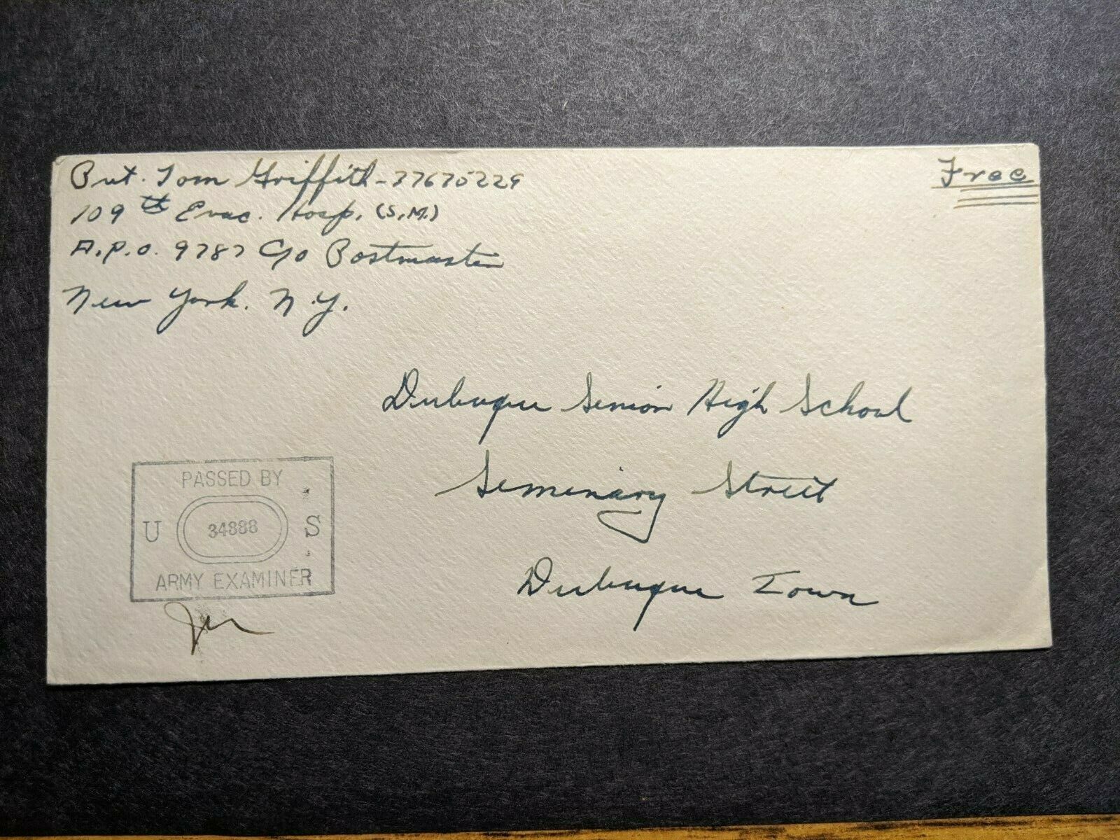 APO 9787 109th EVAC HOSPITAL (SM) Censored WWII Army Cover Soldier's ...