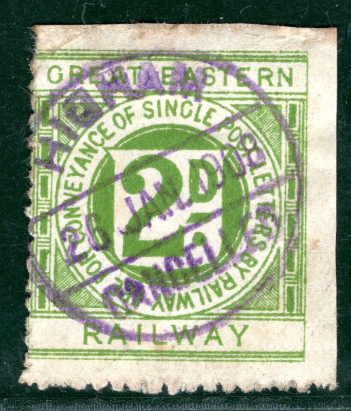 GB RAILWAY Suffolk GER 2d Letter Stamp Violet *HIGHAM* STATION 1908 CDS ...