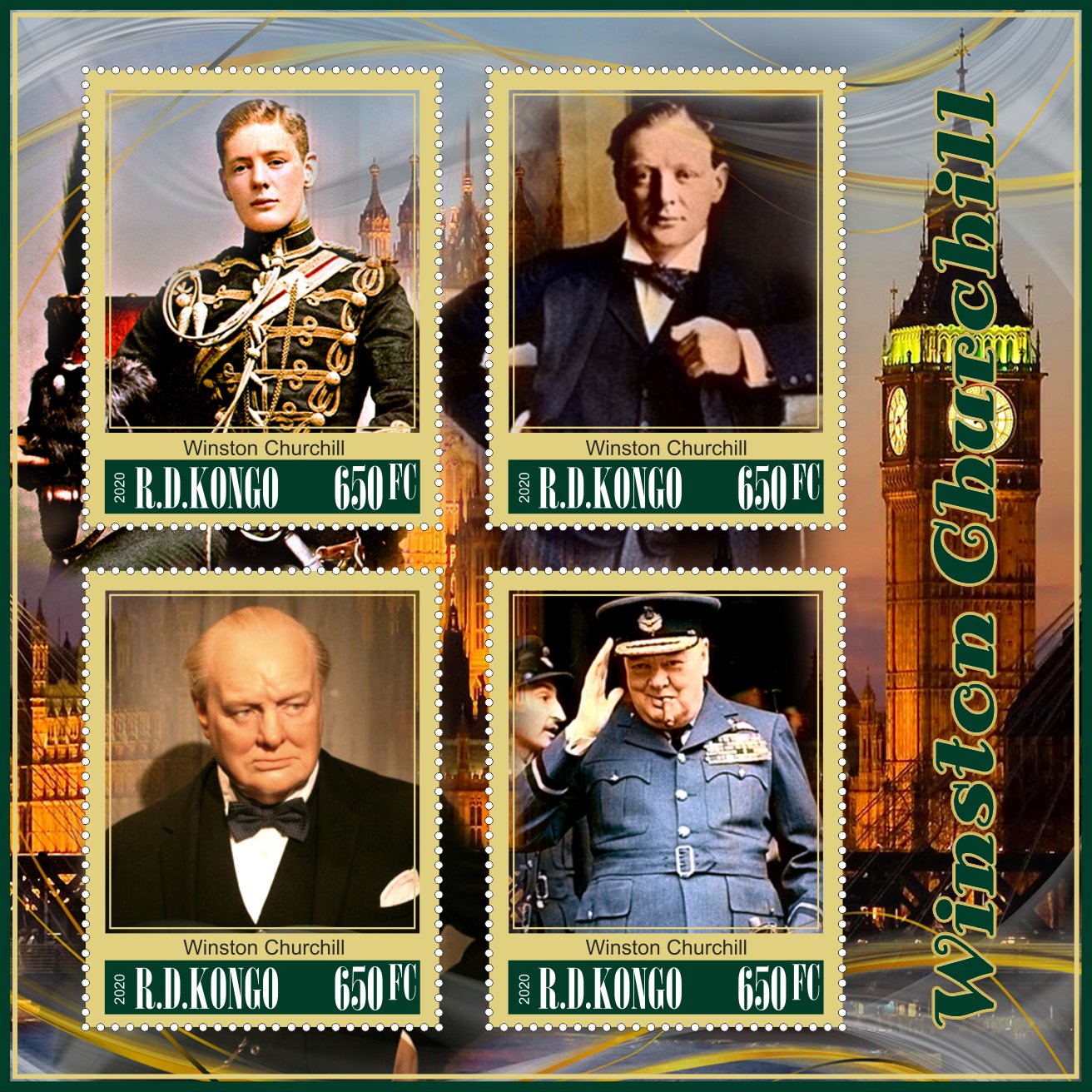 Stamps. Famous people. Winston Churchill 2020 year 1+1 sheets ...