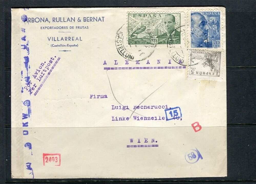 GERMANY; 1942 INCOMING CENSOR COVER/LETTER from, Villareal Spain ...
