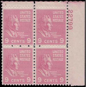 #814 9c Presidential Issue William H. Harrison PB/4 1938 Mint NH ...