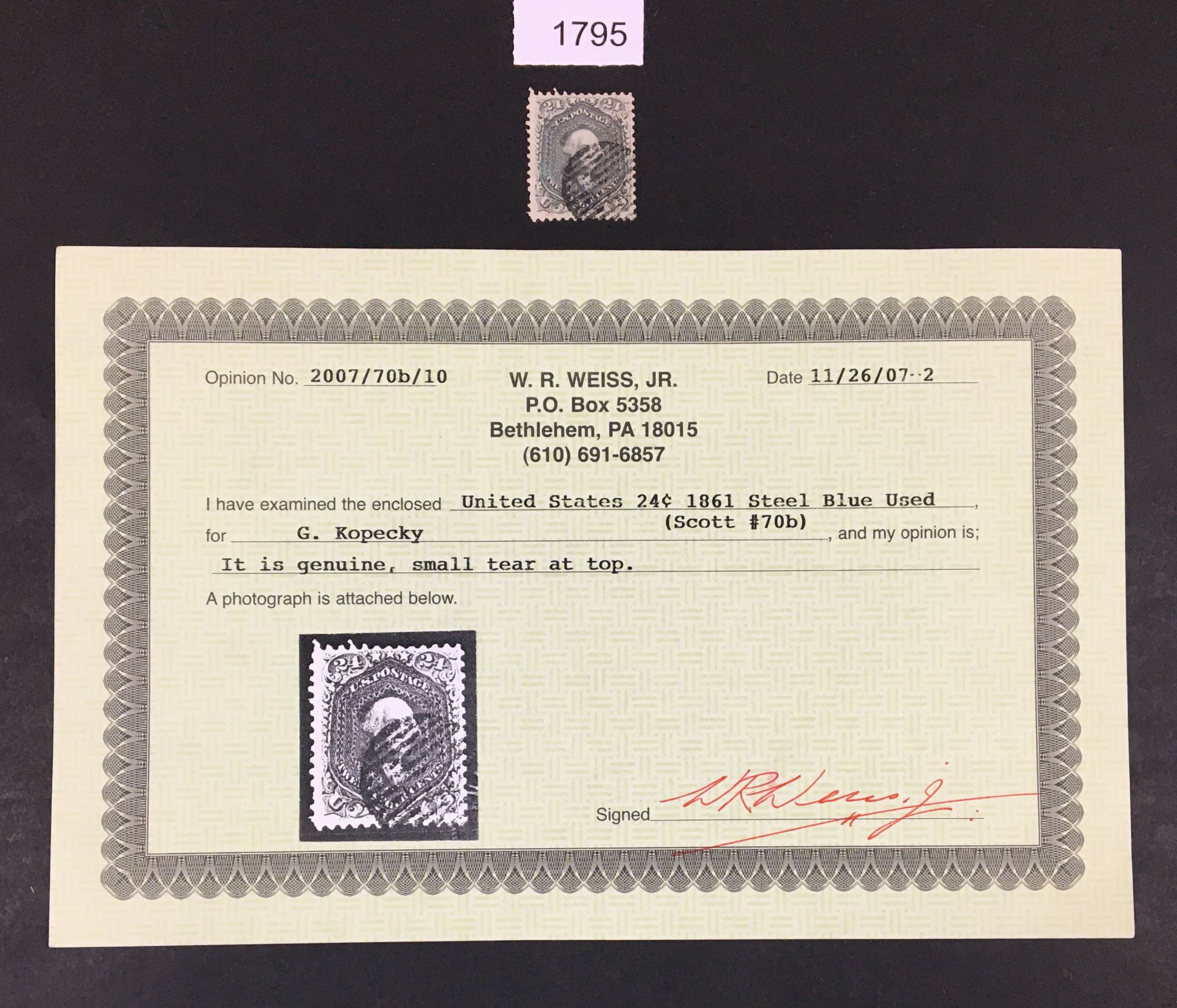 US Stamps # 70b Steel Blue Used **Weiss Cert** $950 LOT #F 1795 ...