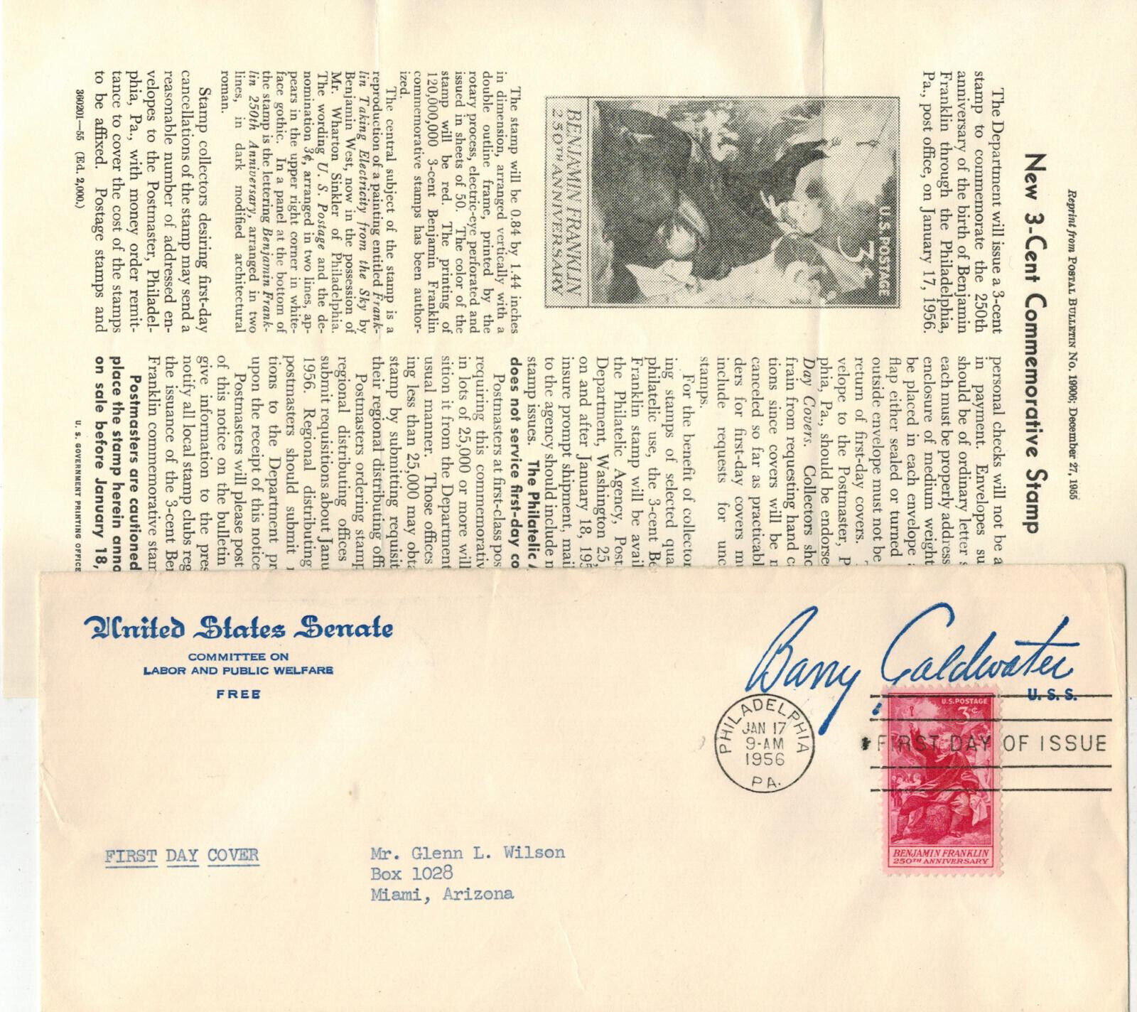 Rare SEN Barry Goldwater & Usps Text Sheet 1073 BEN Franklin ...