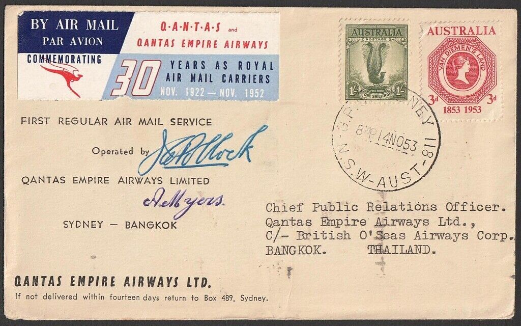 THAILAND 1953 Bangkok-Sydney First Flight cover +return signed by ...